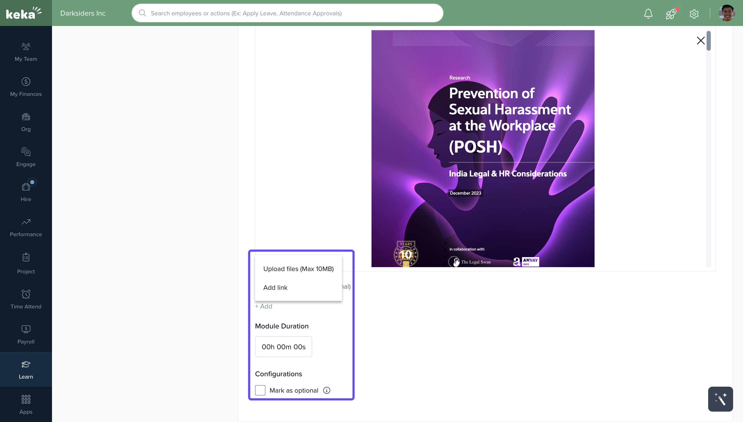 Creating Live Trainings in keka Learn – Home Page